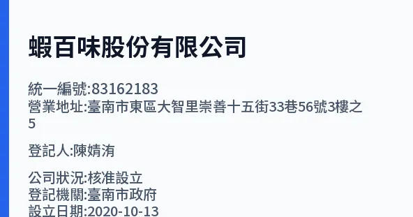 蝦百味股份有限公司的照片-統編 83162183(臺南市) 公司登記資料與營業項目詳細圖表