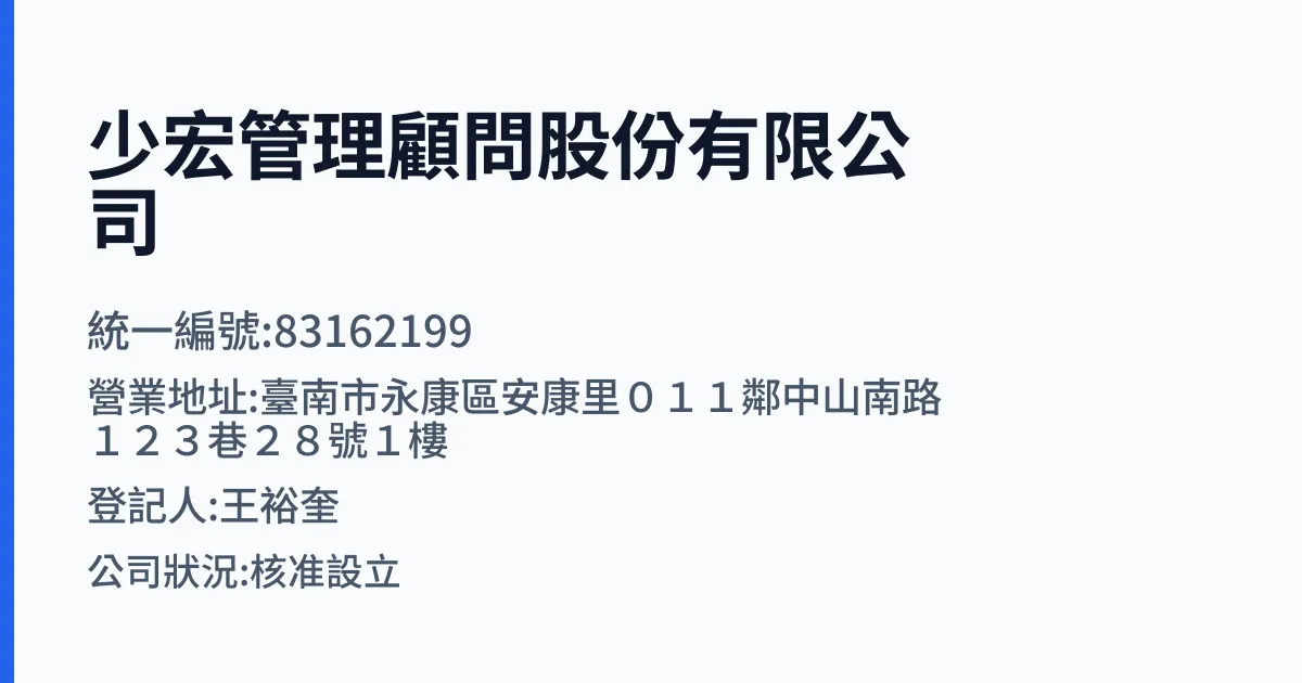 少宏管理顧問股份有限公司 - 統編 83162199(臺南市) 公司登記資料與營業項目詳細圖表