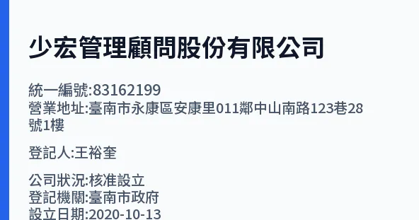 少宏管理顧問股份有限公司的照片-統編 83162199(臺南市) 公司登記資料與營業項目詳細圖表