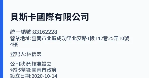 貝斯卡國際有限公司的照片-統編 83162228(臺南市) 公司登記資料與營業項目詳細圖表
