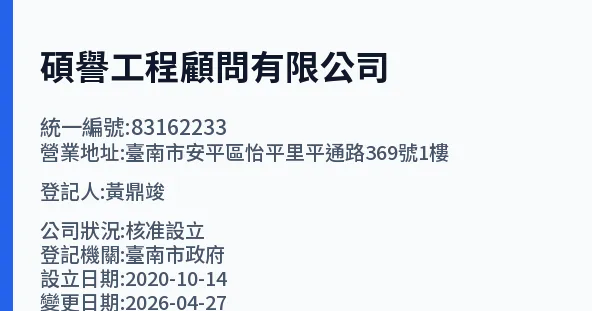 碩譽工程顧問有限公司的照片-統編 83162233(臺南市) 公司登記資料與營業項目詳細圖表