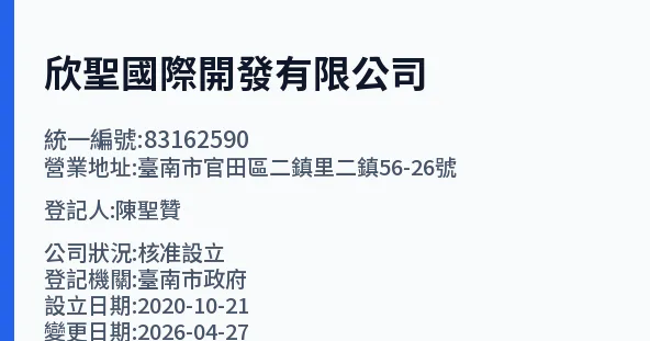 欣聖國際開發有限公司的照片-統編 83162590(臺南市) 公司登記資料與營業項目詳細圖表
