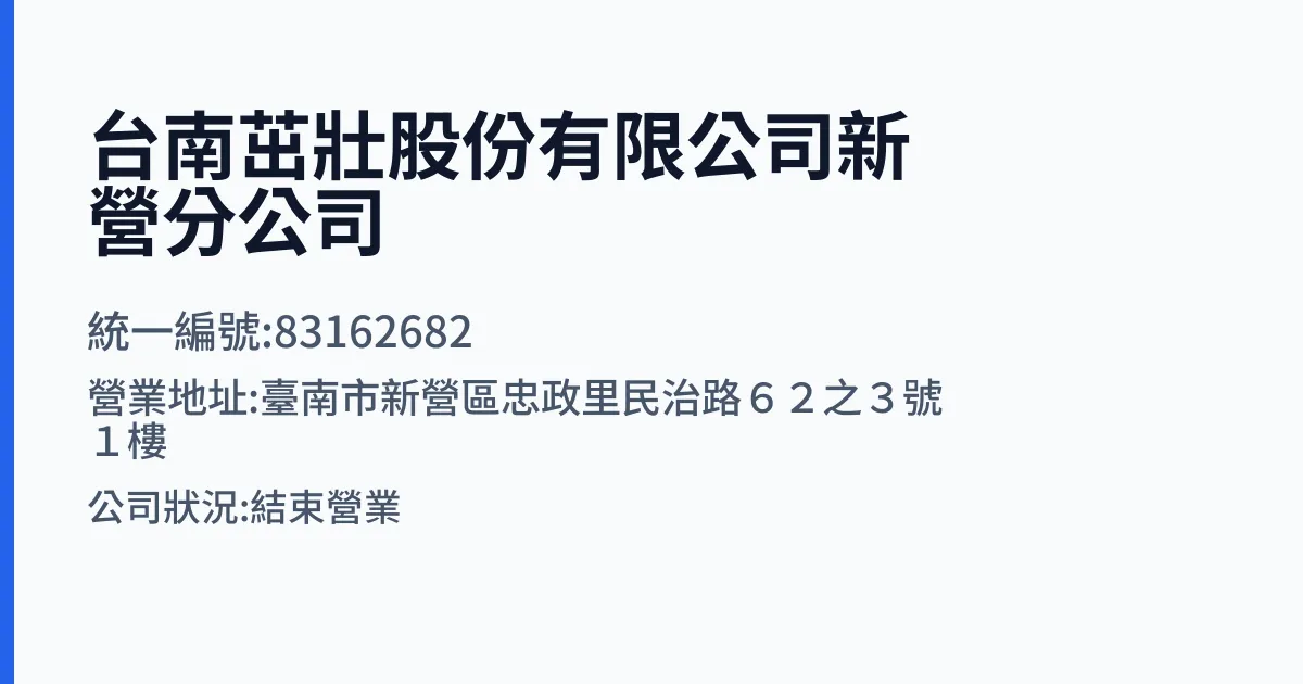 台南茁壯股份有限公司新營分公司 - 統編 83162682(臺南市) 公司登記資料與營業項目詳細圖表