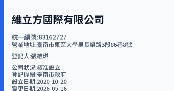 維立方國際有限公司的照片-統編 83162727(臺南市) 公司登記資料與營業項目詳細圖表