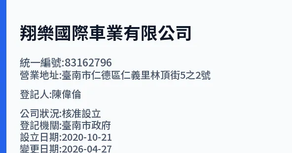 翔樂國際車業有限公司的照片-統編 83162796(臺南市) 公司登記資料與營業項目詳細圖表