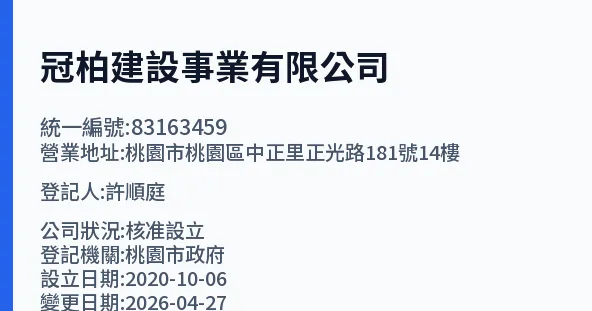 冠柏建設事業有限公司的照片-統編 83163459(桃園市) 公司登記資料與營業項目詳細圖表