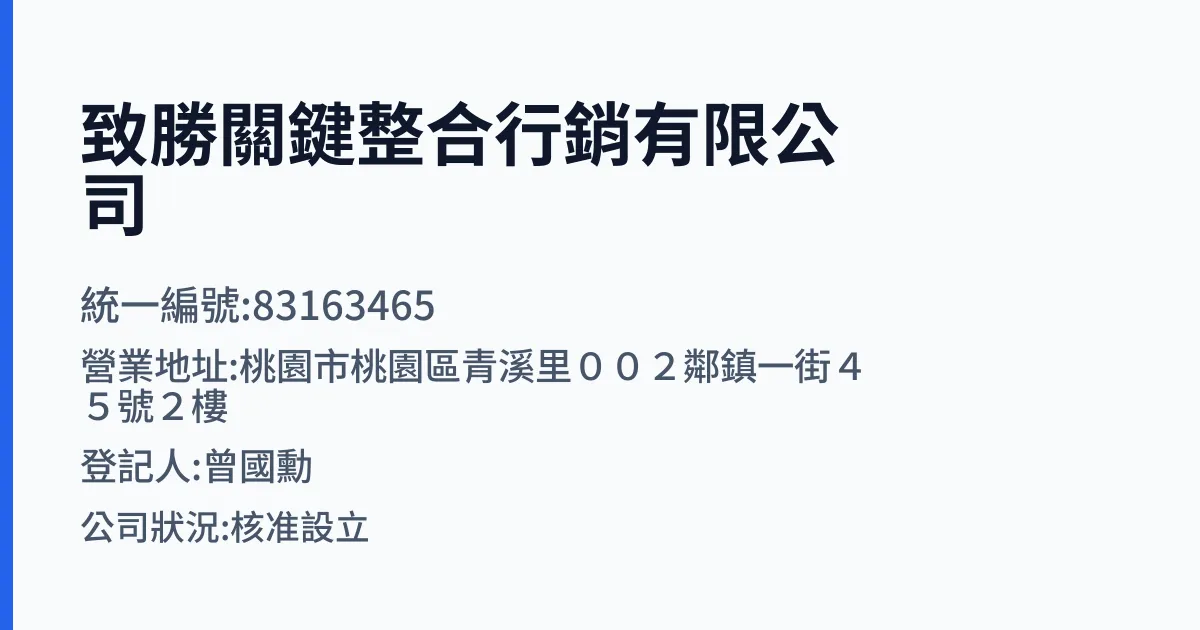 致勝關鍵整合行銷有限公司 - 統編 83163465(桃園市) 公司登記資料與營業項目詳細圖表