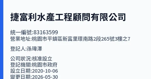 捷富利水產工程顧問有限公司的照片-統編 83163599(桃園市) 公司登記資料與營業項目詳細圖表