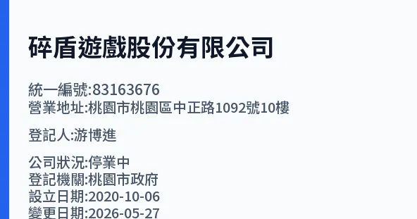 碎盾遊戲股份有限公司的照片-統編 83163676(桃園市) 公司登記資料與營業項目詳細圖表