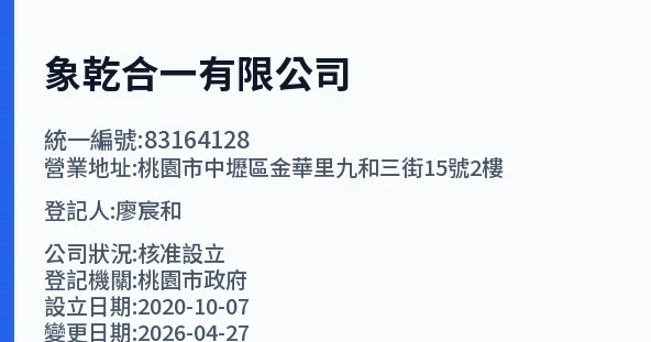 象乾合一有限公司的照片-統編 83164128(桃園市) 公司登記資料與營業項目詳細圖表
