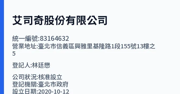 艾司奇股份有限公司的照片-統編 83164632(臺北市) 公司登記資料與營業項目詳細圖表