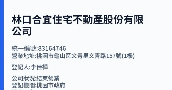 林口合宜住宅不動產股份有限公司的照片-統編 83164746(桃園市) 公司登記資料與營業項目詳細圖表