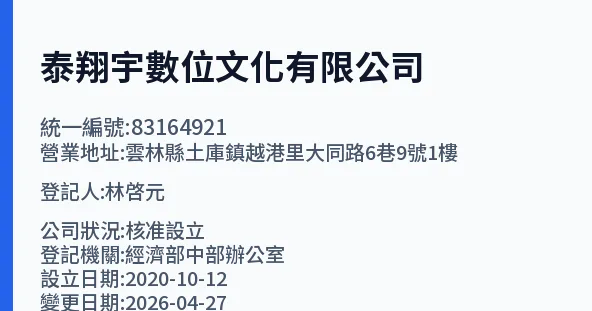 泰翔宇數位文化有限公司的照片-統編 83164921(雲林縣) 公司登記資料與營業項目詳細圖表