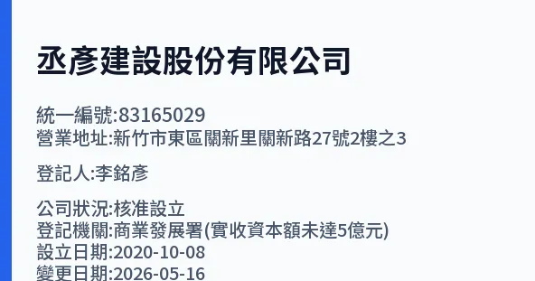 丞彥建設股份有限公司的照片-統編 83165029(新竹市) 公司登記資料與營業項目詳細圖表