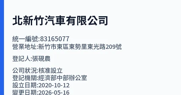 北新竹汽車有限公司的照片-統編 83165077(新竹市) 公司登記資料與營業項目詳細圖表