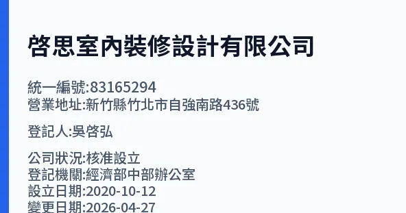 啓思室內裝修設計有限公司的照片-統編 83165294(新竹縣) 公司登記資料與營業項目詳細圖表