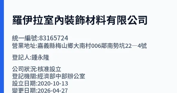 羅伊拉室內裝飾材料有限公司的照片-統編 83165724(嘉義縣) 公司登記資料與營業項目詳細圖表