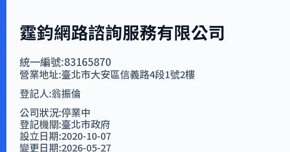 霆鈞網路諮詢服務有限公司的照片-統編 83165870(臺北市) 公司登記資料與營業項目詳細圖表