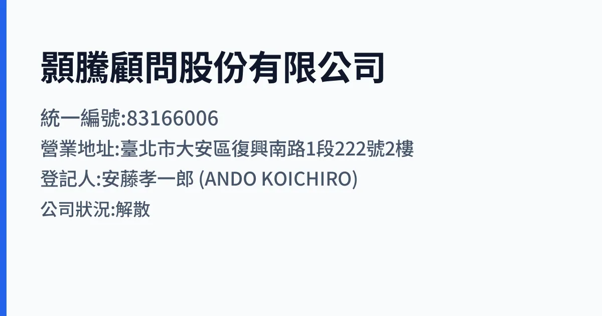 顥騰顧問股份有限公司 - 統編 83166006(臺北市) 公司登記資料與營業項目詳細圖表