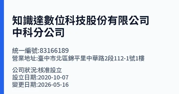 知識達數位科技股份有限公司中科分公司的照片-統編 83166189(臺中市) 公司登記資料與營業項目詳細圖表