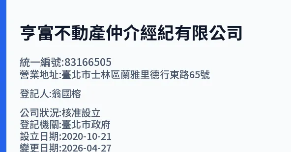 亨富不動產仲介經紀有限公司的照片-統編 83166505(臺北市) 公司登記資料與營業項目詳細圖表