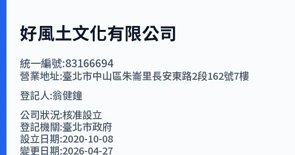 好風土文化有限公司的照片-統編 83166694(臺北市) 公司登記資料與營業項目詳細圖表