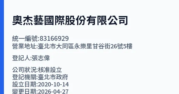 奧杰藝國際股份有限公司的照片-統編 83166929(臺北市) 公司登記資料與營業項目詳細圖表