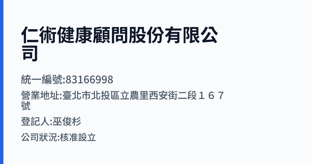 仁術健康顧問股份有限公司 - 統編 83166998(臺北市) 公司登記資料與營業項目詳細圖表