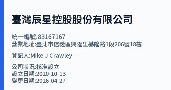 臺灣辰星控股股份有限公司的照片-統編 83167167(臺北市) 公司登記資料與營業項目詳細圖表