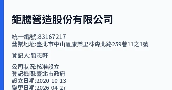 鉅騰營造股份有限公司的照片-統編 83167217(臺北市) 公司登記資料與營業項目詳細圖表