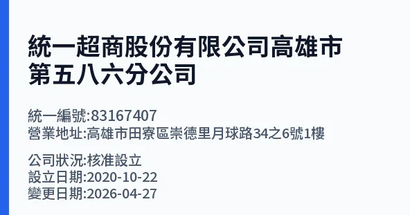 統一超商股份有限公司高雄市第五八六分公司的照片-統編 83167407(高雄市) 公司登記資料與營業項目詳細圖表