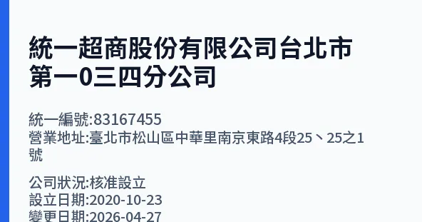 統一超商股份有限公司台北市第一0三四分公司的照片-統編 83167455(臺北市) 公司登記資料與營業項目詳細圖表