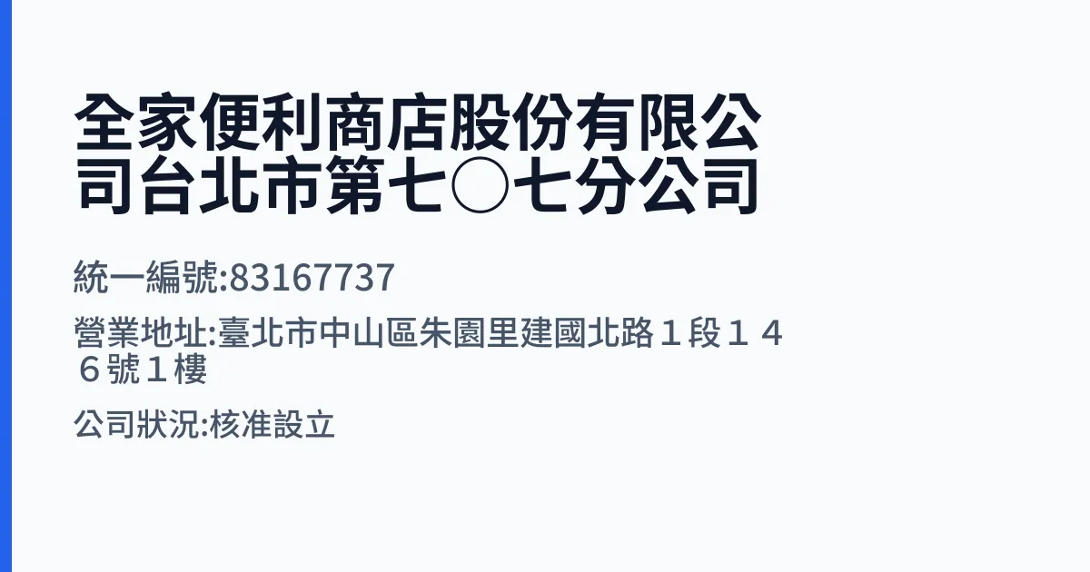 全家便利商店股份有限公司台北市第七○七分公司 - 統編 83167737(臺北市) 公司登記資料與營業項目詳細圖表