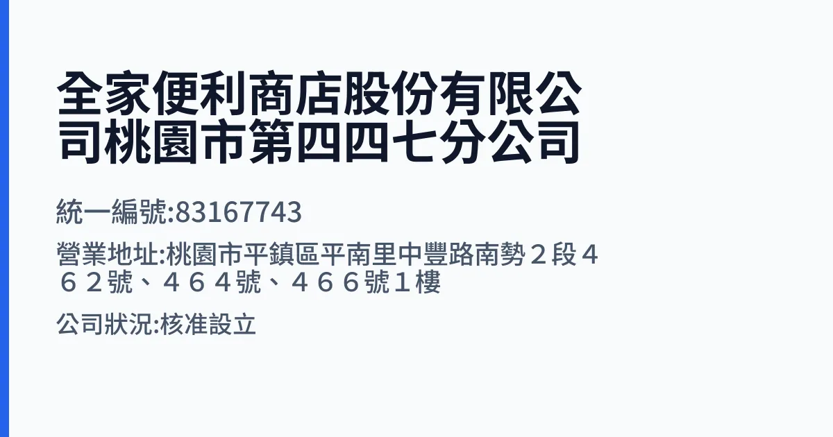 全家便利商店股份有限公司桃園市第四四七分公司 - 統編 83167743(桃園市) 公司登記資料與營業項目詳細圖表