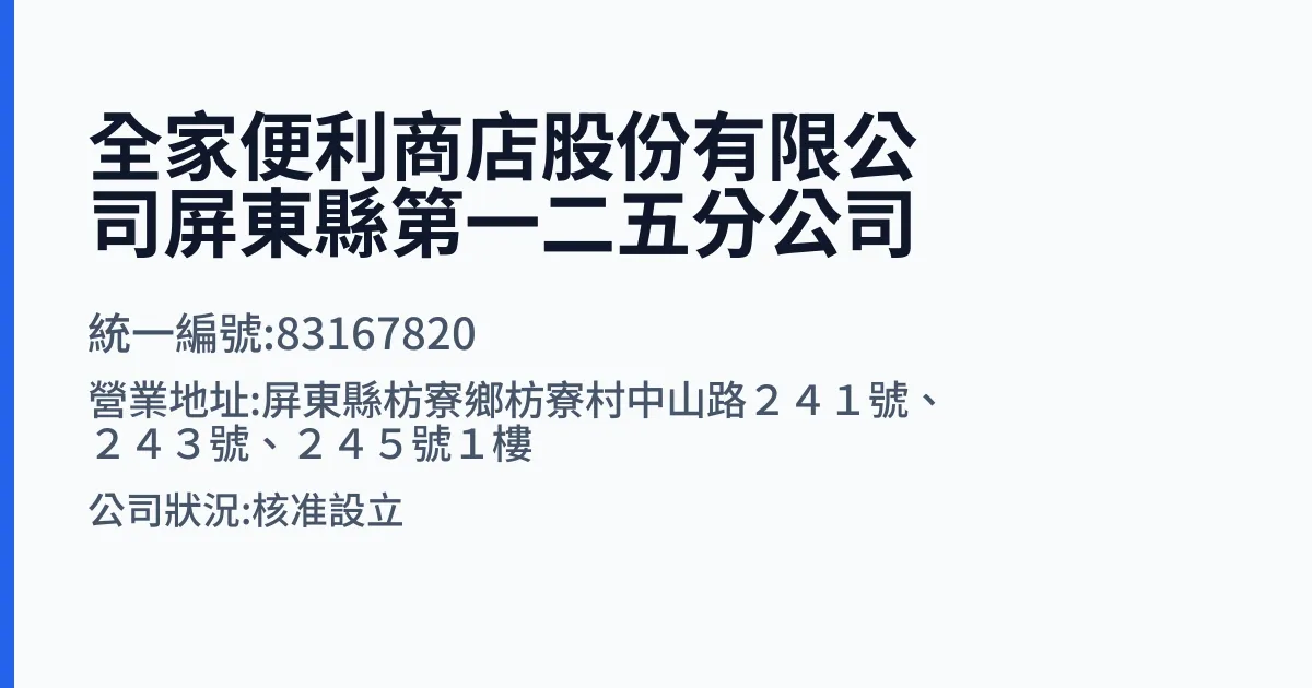 全家便利商店股份有限公司屏東縣第一二五分公司 - 統編 83167820(屏東縣) 公司登記資料與營業項目詳細圖表