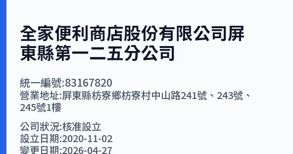 全家便利商店股份有限公司屏東縣第一二五分公司的照片-統編 83167820(屏東縣) 公司登記資料與營業項目詳細圖表