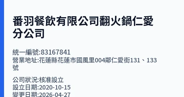 番羽餐飲有限公司翻火鍋仁愛分公司的照片-統編 83167841(花蓮縣) 公司登記資料與營業項目詳細圖表