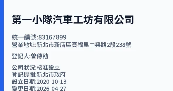 第一小隊汽車工坊有限公司的照片-統編 83167899(新北市) 公司登記資料與營業項目詳細圖表