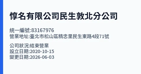 惇名有限公司民生敦北分公司的照片-統編 83167976(臺北市) 公司登記資料與營業項目詳細圖表