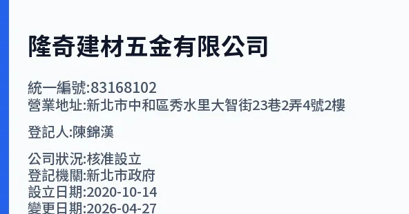 隆奇建材五金有限公司的照片-統編 83168102(新北市) 公司登記資料與營業項目詳細圖表