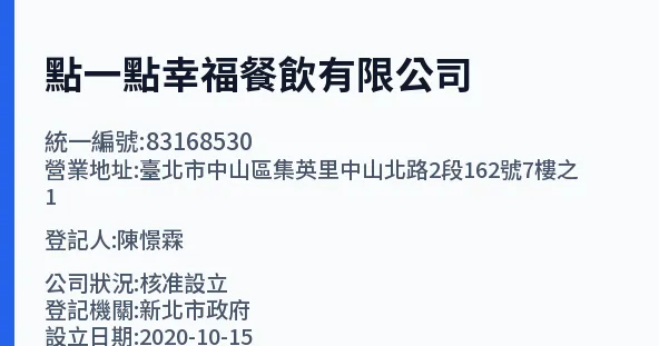 點一點幸福餐飲有限公司的照片-統編 83168530(臺北市) 公司登記資料與營業項目詳細圖表