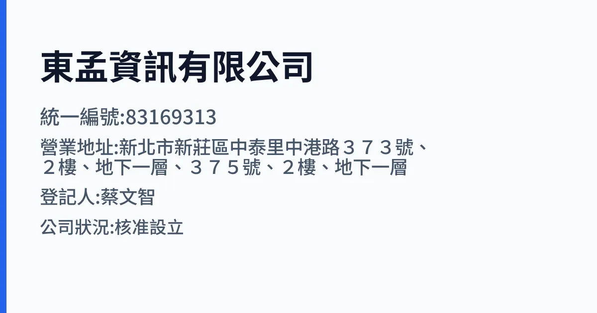 東孟資訊有限公司 - 統編 83169313(新北市) 公司登記資料與營業項目詳細圖表