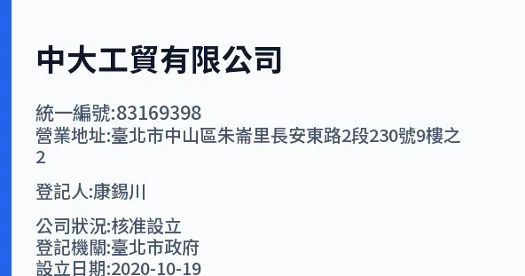 中大工貿有限公司的照片-統編 83169398(臺北市) 公司登記資料與營業項目詳細圖表