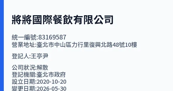 將將國際餐飲有限公司的照片-統編 83169587(臺北市) 公司登記資料與營業項目詳細圖表