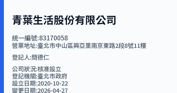 青葉生活股份有限公司的照片-統編 83170058(臺北市) 公司登記資料與營業項目詳細圖表