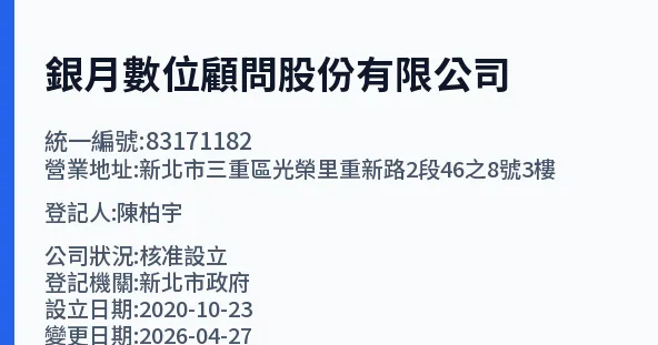 銀月數位顧問股份有限公司的照片-統編 83171182(新北市) 公司登記資料與營業項目詳細圖表