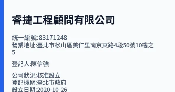 睿捷工程顧問有限公司的照片-統編 83171248(臺北市) 公司登記資料與營業項目詳細圖表