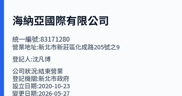 海納亞國際有限公司的照片-統編 83171280(新北市) 公司登記資料與營業項目詳細圖表