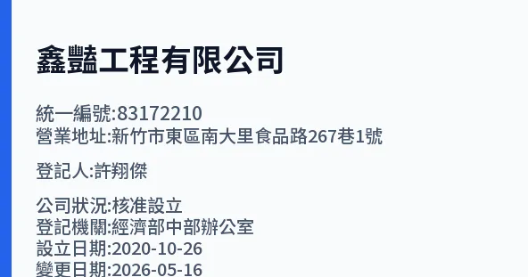 鑫豔工程有限公司的照片-統編 83172210(新竹市) 公司登記資料與營業項目詳細圖表