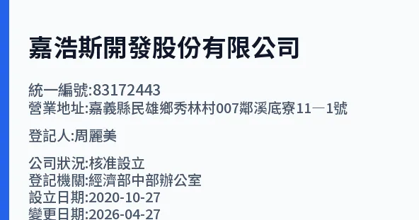 嘉浩斯開發股份有限公司的照片-統編 83172443(嘉義縣) 公司登記資料與營業項目詳細圖表